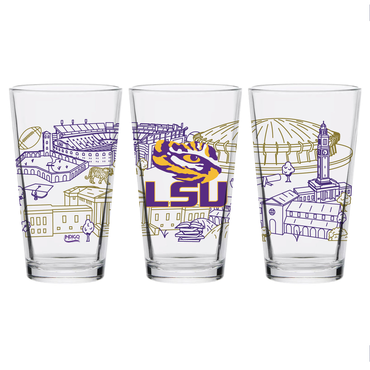 Set of 2 LSU Tigers Campus Line Art 16oz Pints - Indigo Falls