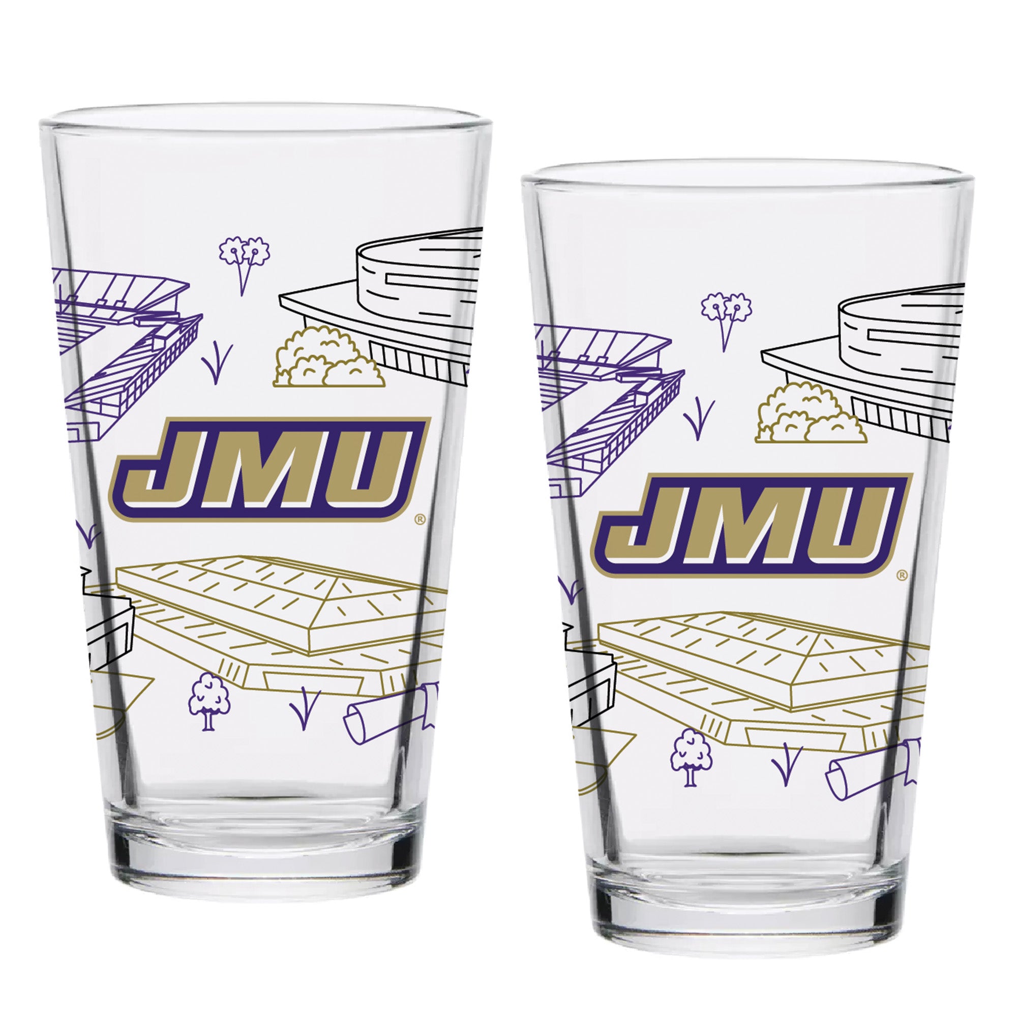 Set of 2 James Madison Dukes Campus Line Art 16oz Pints – Indigo Falls