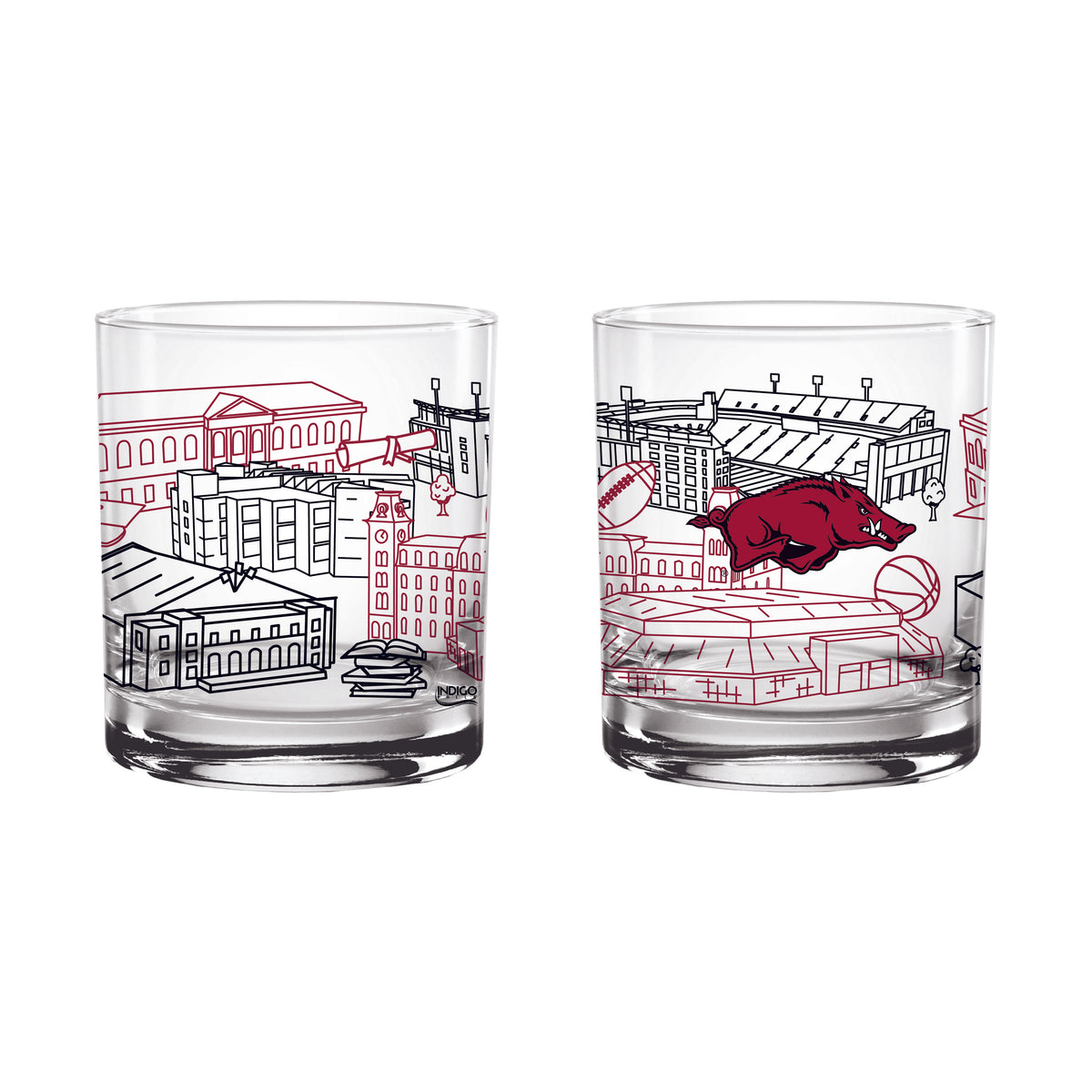 Set of 2 Arkansas Razorbacks Campus Line Art 14oz Rocks Glasses ...