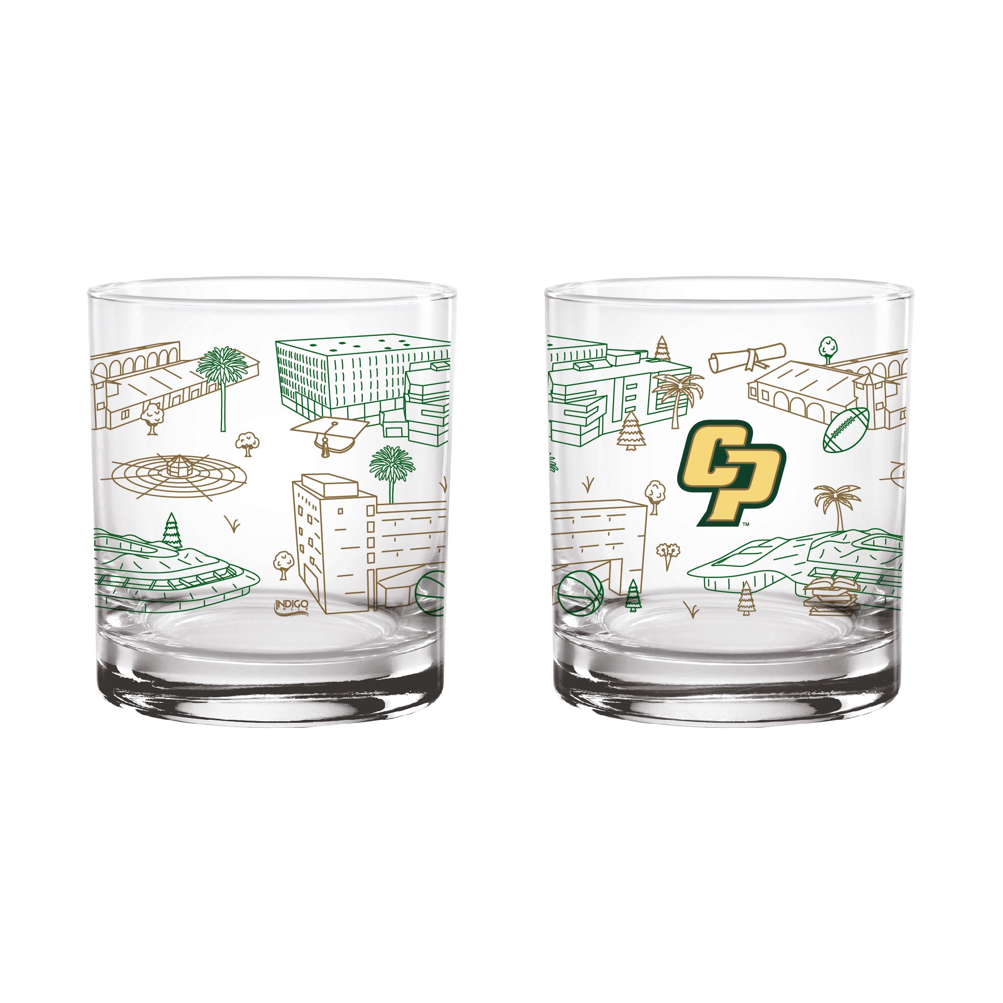 Set of 2 Cal Poly Mustangs Campus Line Art 14oz Rocks Glasses – Indigo ...